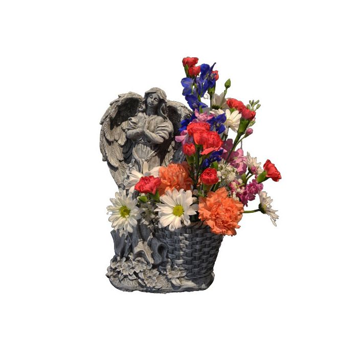 Praying-Angel-with-basket-floral-bouquet - Cathy Cowgill Flowers